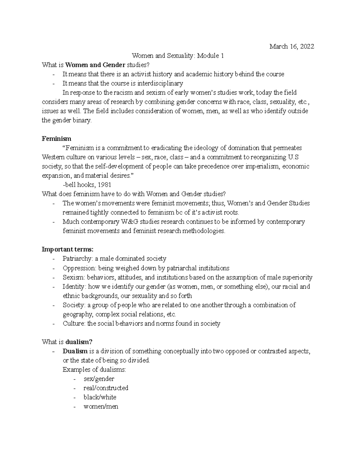 WST Mod. 1 - These notes are on the lecture for Module 1 of Women and ...