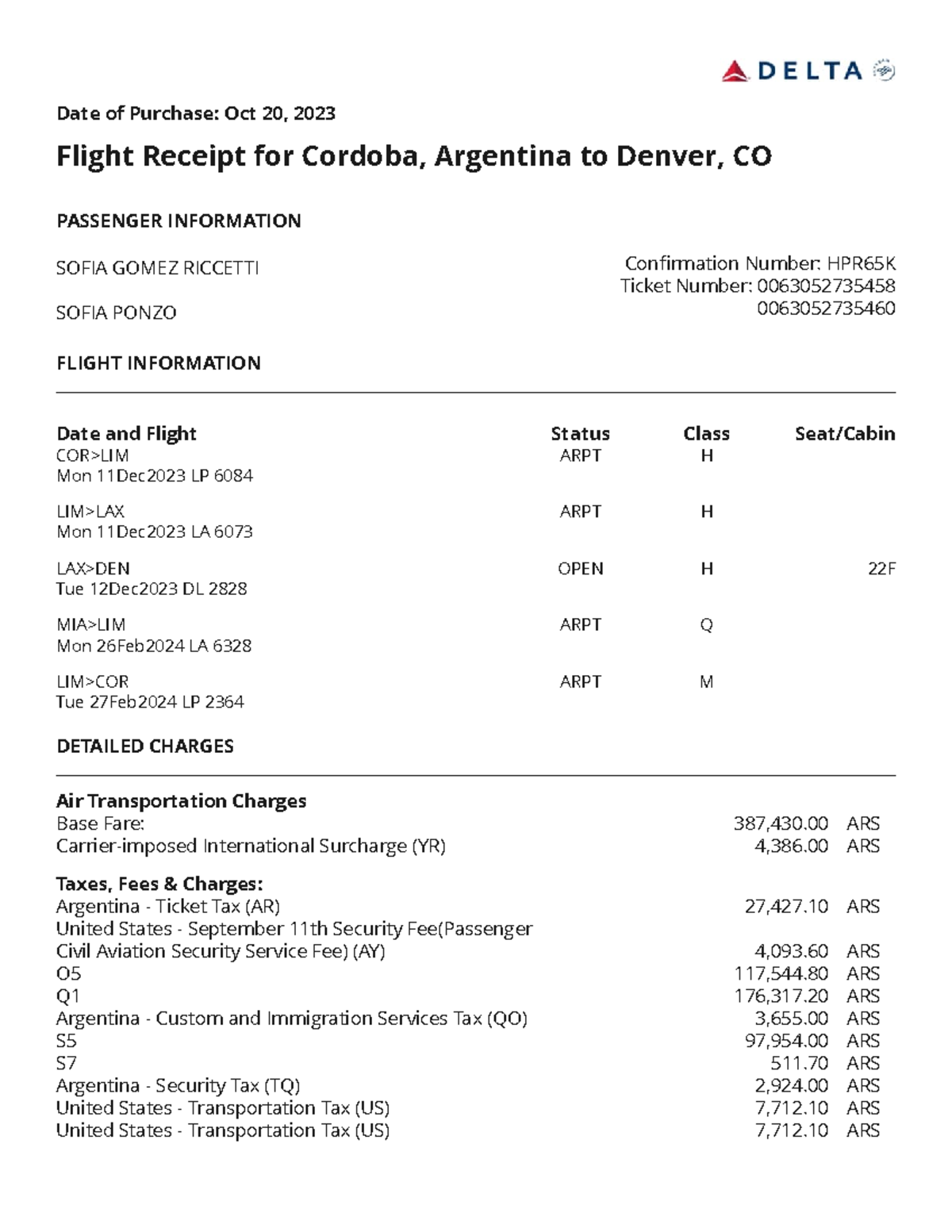 Receipts - muy buena - Date of Purchase: Oct 20, 2023 Flight Receipt ...