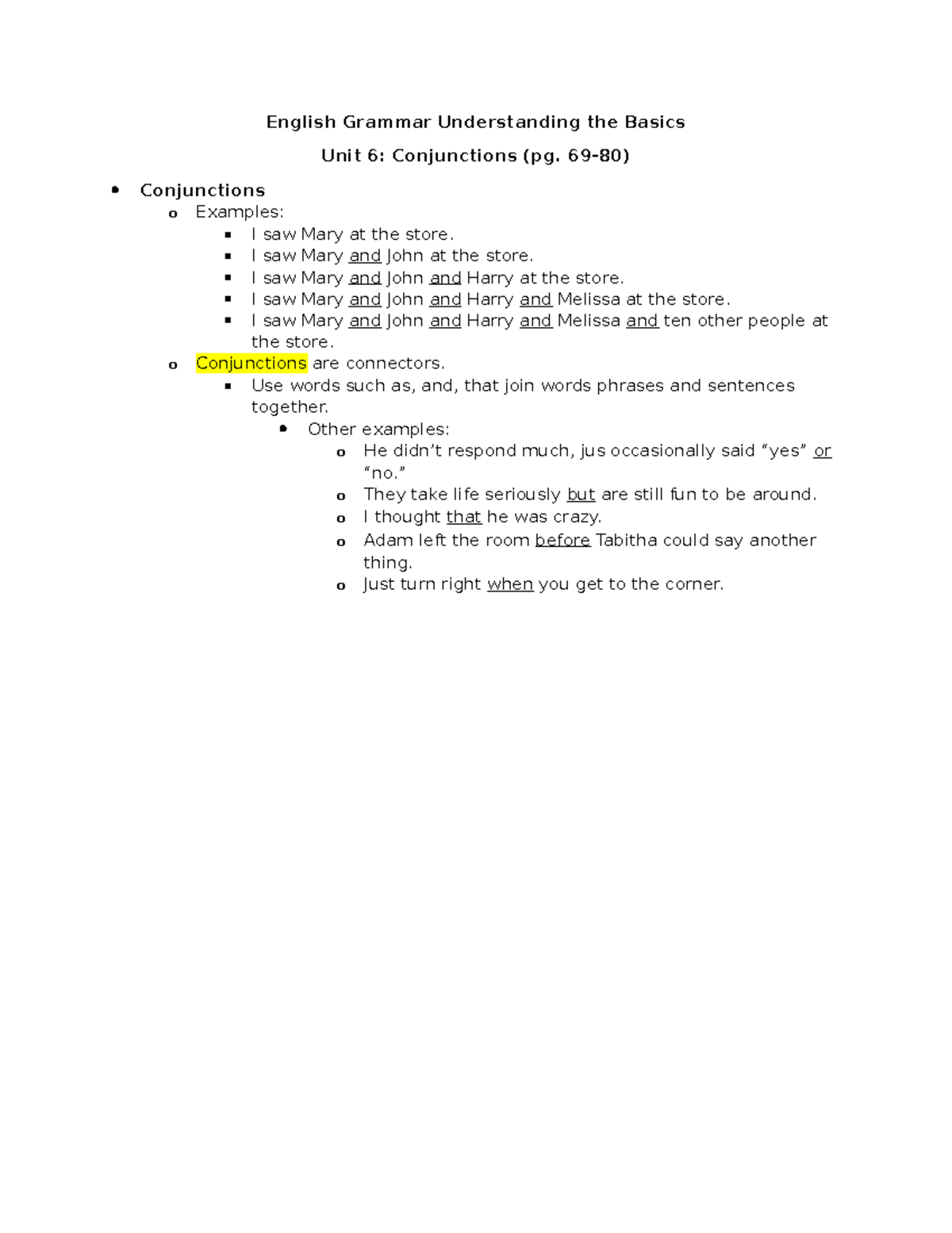 Unit 6 Conjunctions Notes - ENGL 4312 - Lamar University - Studocu