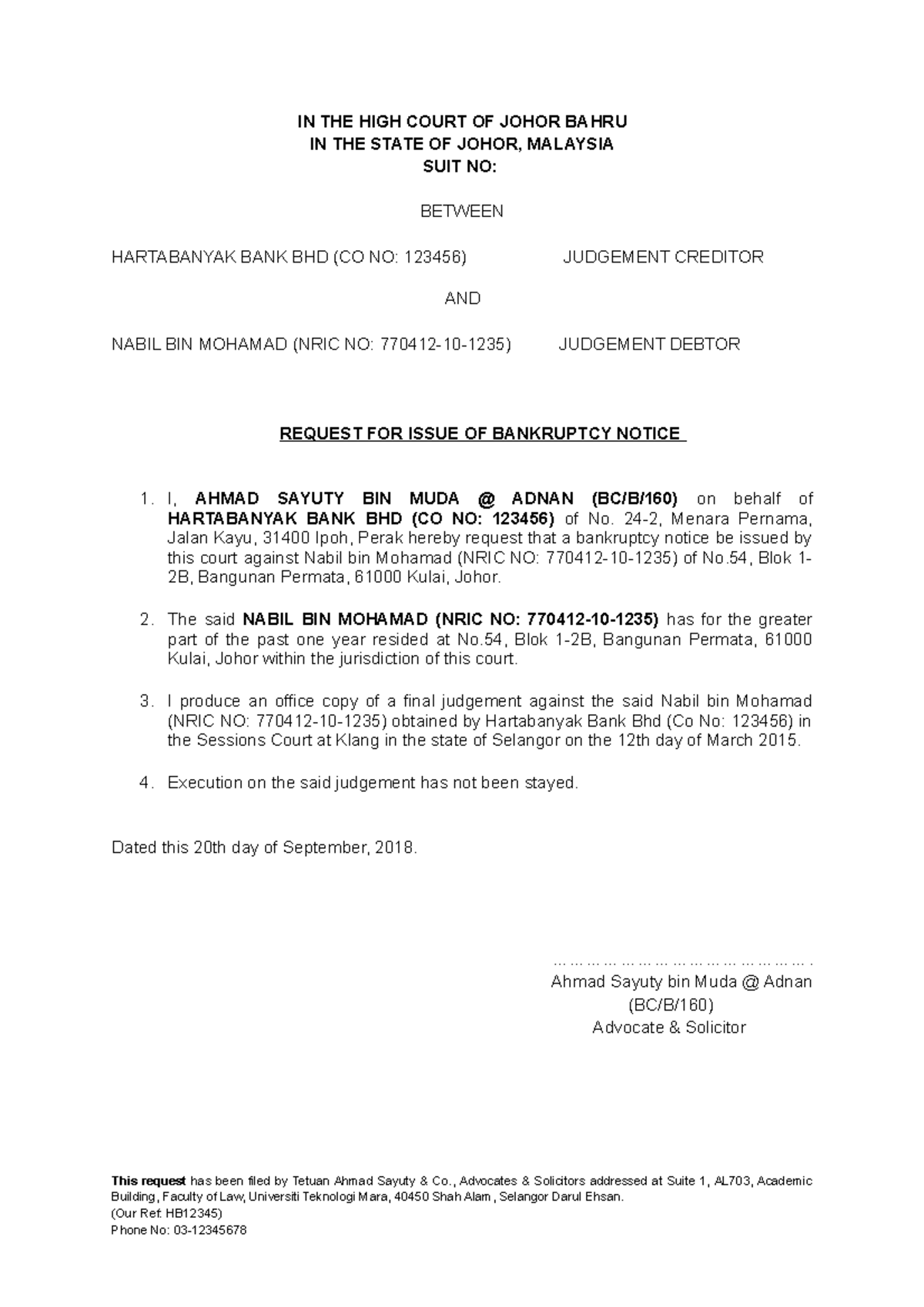 Bankruptcy Notice - IN THE HIGH COURT OF JOHOR BAHRU IN THE STATE OF ...