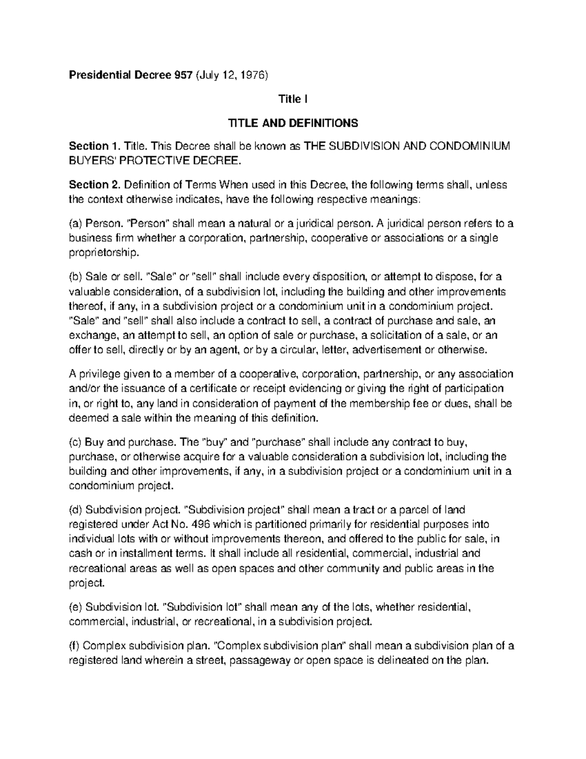 Presidential-Decree-957 - Presidential Decree 957 (July 12, 1976) Title ...