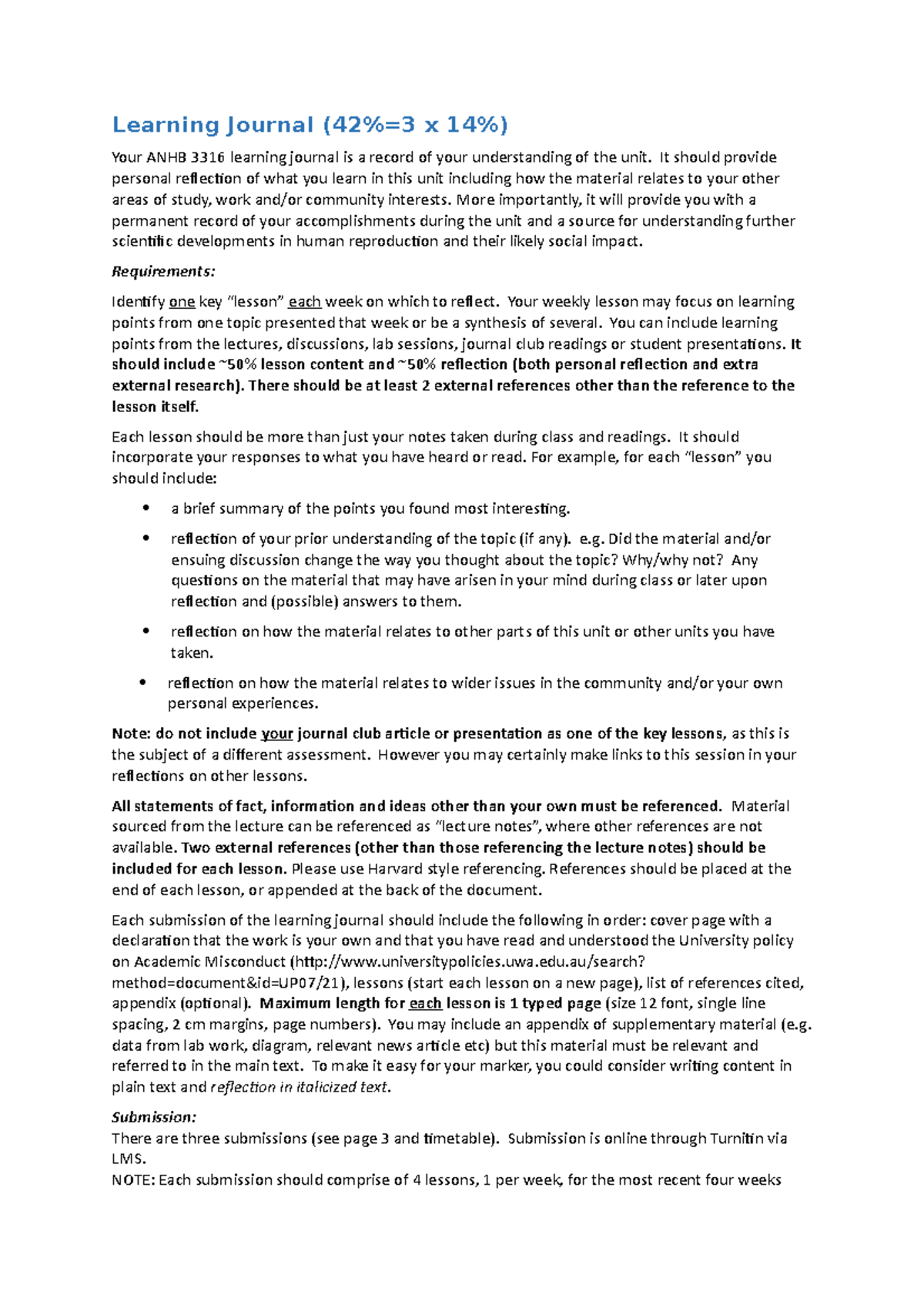 Learning Journal guidelines - Learning Journal (42%=3 x 14%) Your ANHB ...