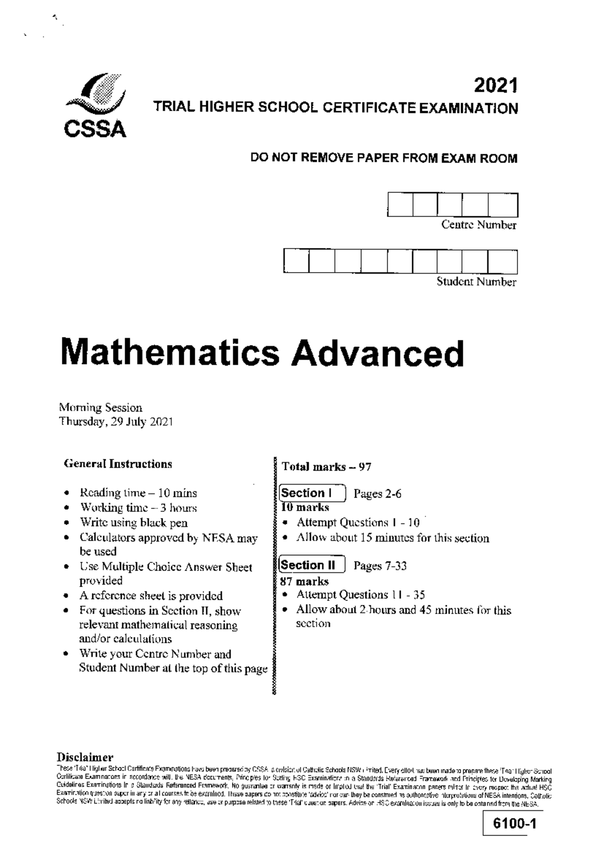 2021 CSSA Maths Advanced final - 2021 TRIAL HIGHER SCHOOL CERTIFICATE ...