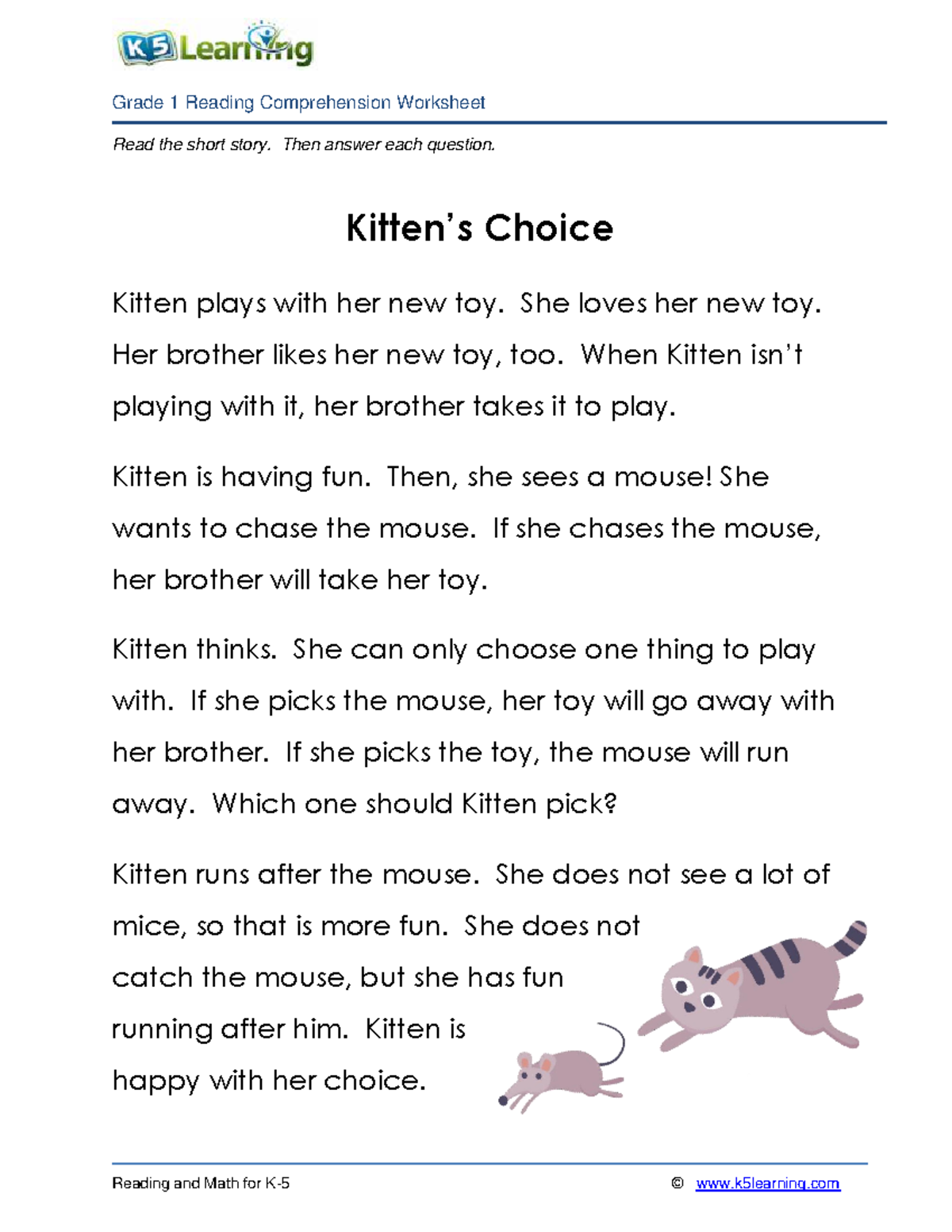 1st grade 1 reading kitten - Grade 1 Reading Comprehension Worksheet ...