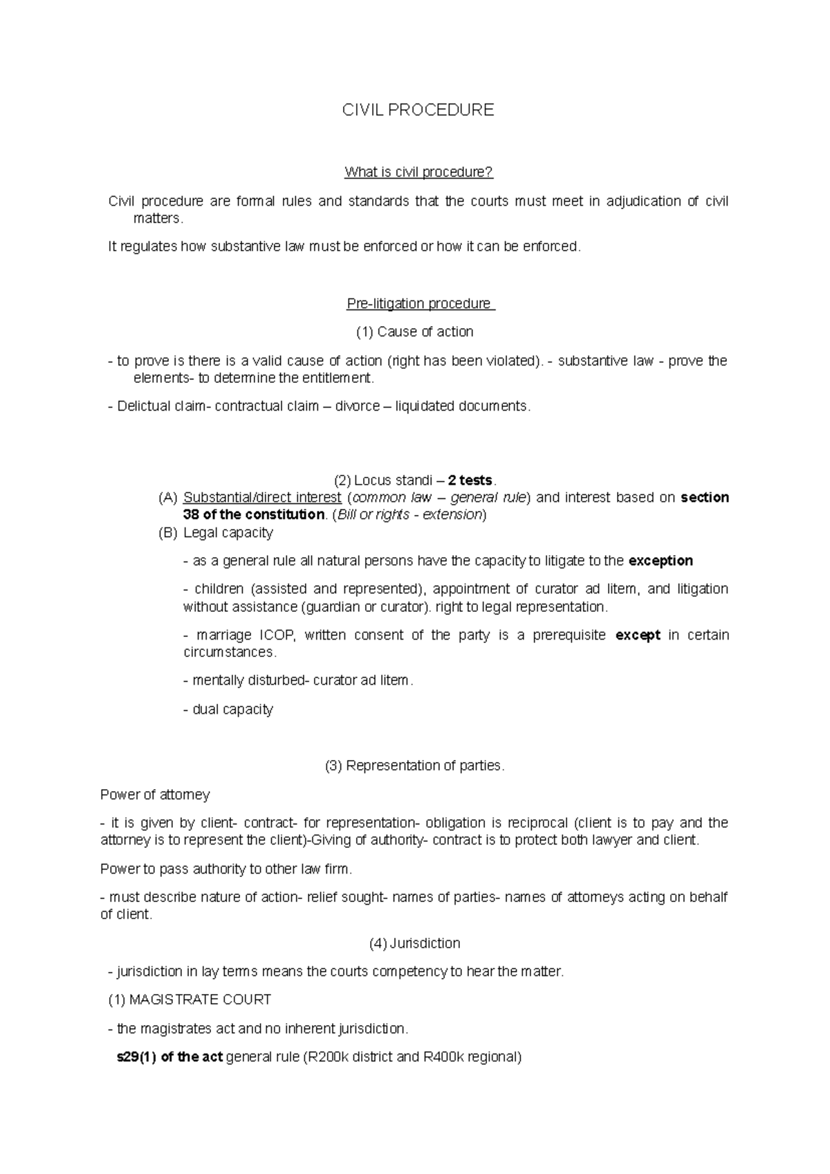 Civil procedure summary notes - CIVIL PROCEDURE What is civil procedure ...