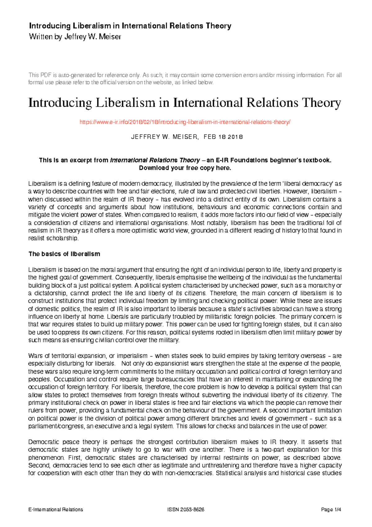 Introducing Liberalism in International Relations Theory - Written by Jeffrey W. Meiser This PDF ...