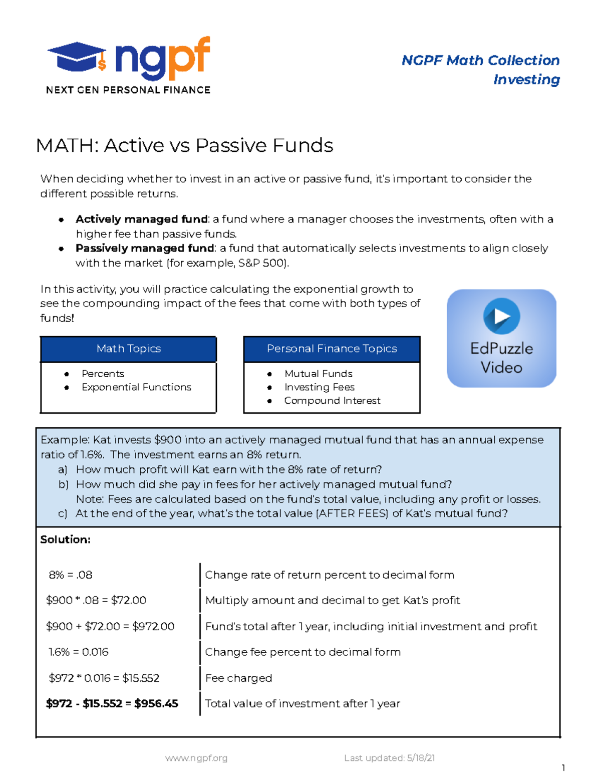 Copy of MATH Active vs Passive Funds in Investing - NGPF Math ...