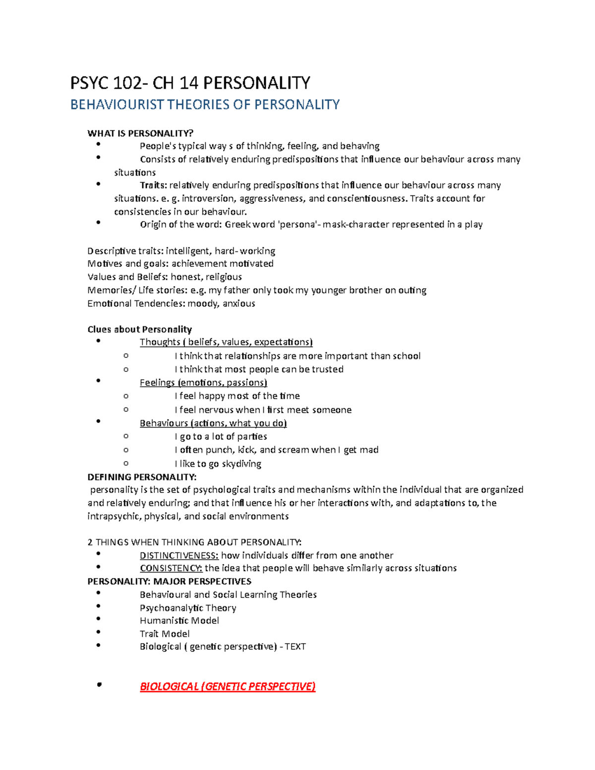 Chapter 14- personality notes - PSYC 102- CH 14 PERSONALITY ...