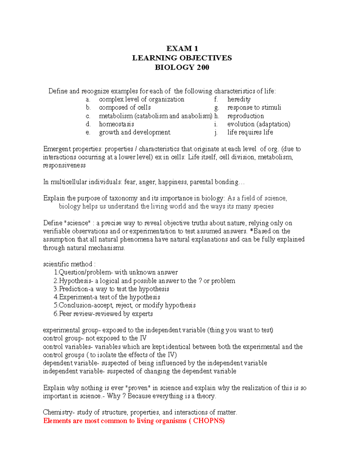 Exam 1 Learning Objectives Biology 200 - Studocu