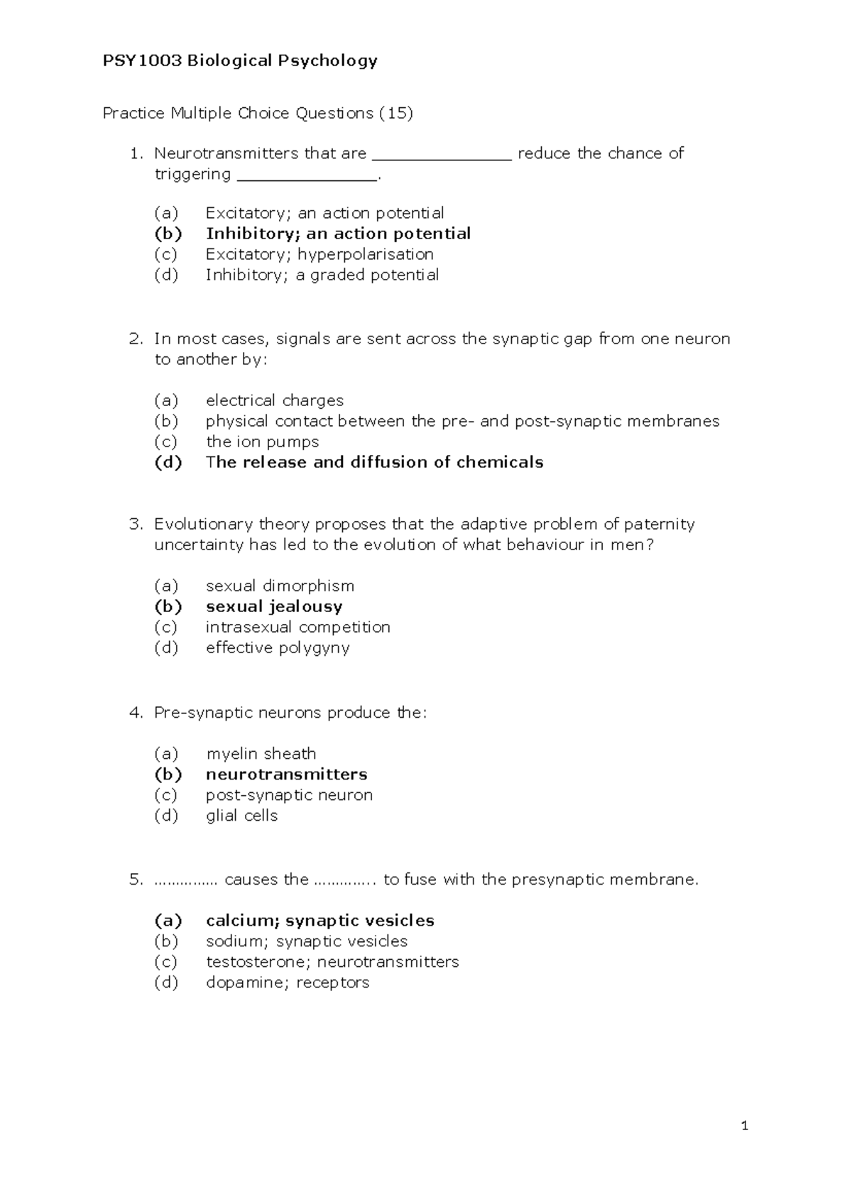 PSY1003 Bio Psych MCQs answers (part 2) - PSY1003 Biological Psychology ...
