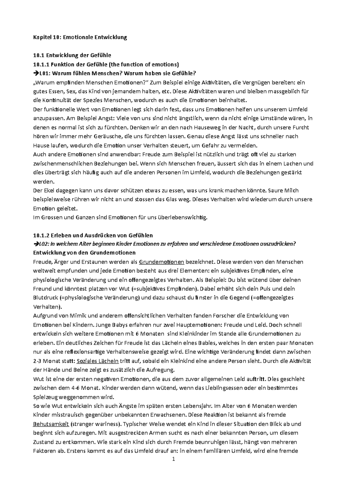 Kapitel 10 - book summary - Kapitel 10: Emotionale Entwicklung 10 Entwicklung der Gefühle 10.1 ...