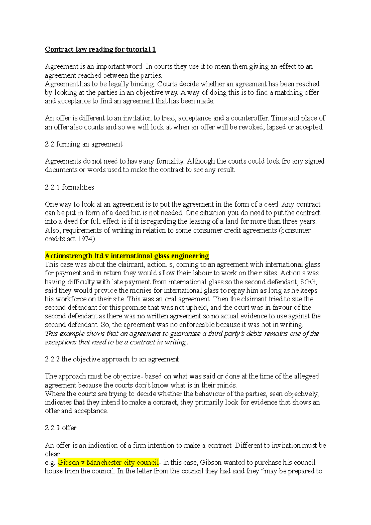 Contract law reading for tutorial 1 - In courts they use it to mean ...