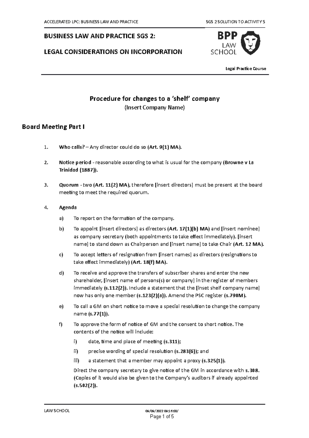 Plan for changing a ‘shelf’ comp Notes - ACCELERATED LPC: BUSINESS LAW ...
