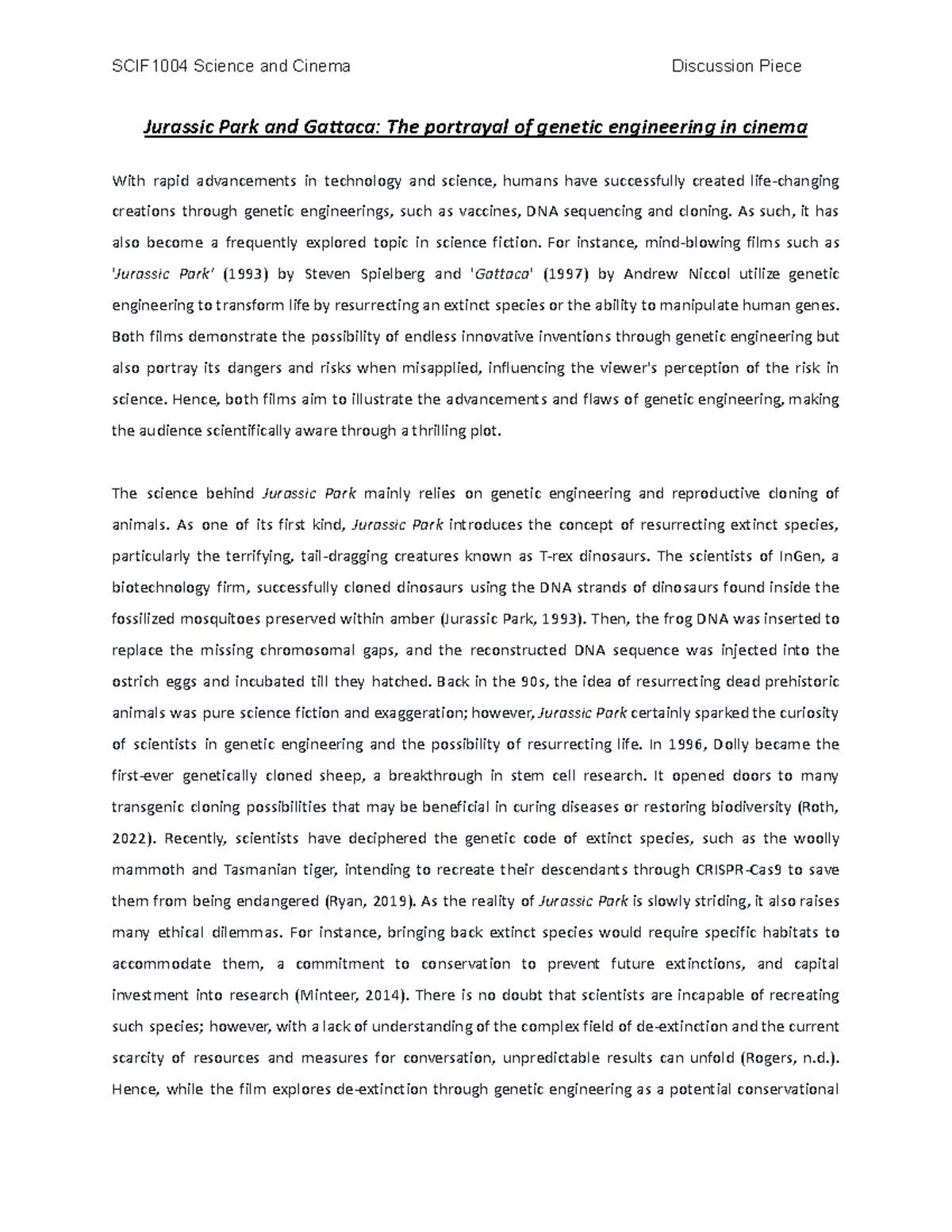 SCIF1004 - Assignment 1 - Jurassic Park and Gattaca: The portrayal of ...