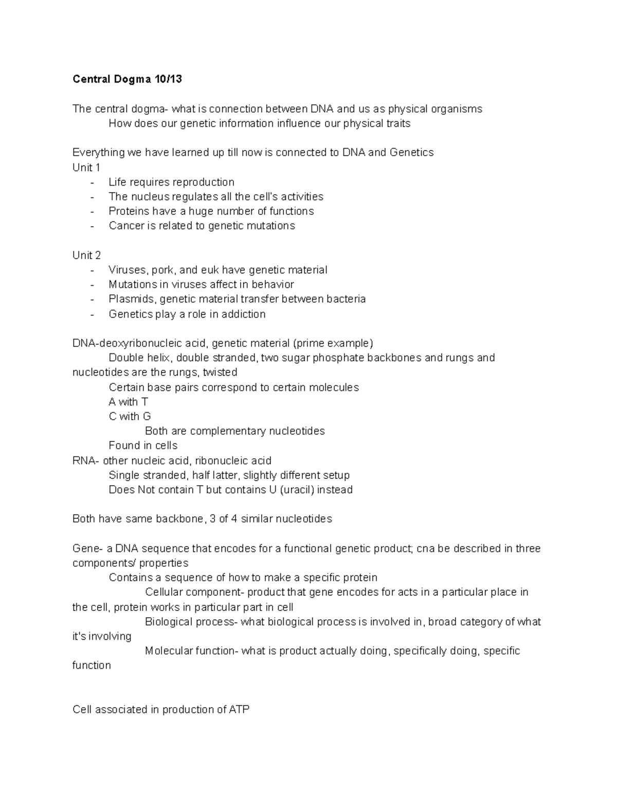 Unit 3 Genetics - Central Dogma 10/ The central dogma- what is ...