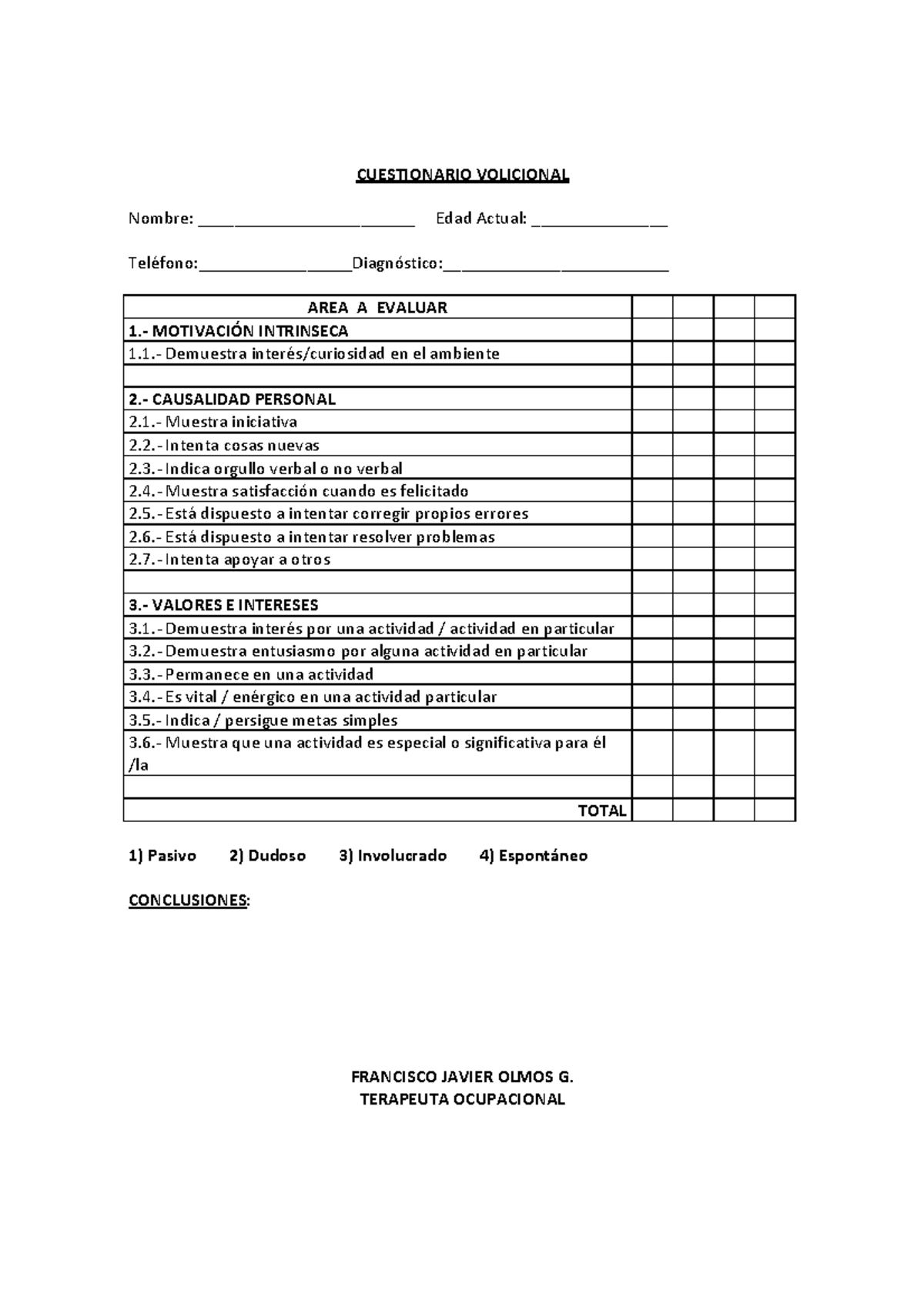 Cuestionario Volicional - Hoja Registro - CUESTIONARIO VOLICIONAL ...