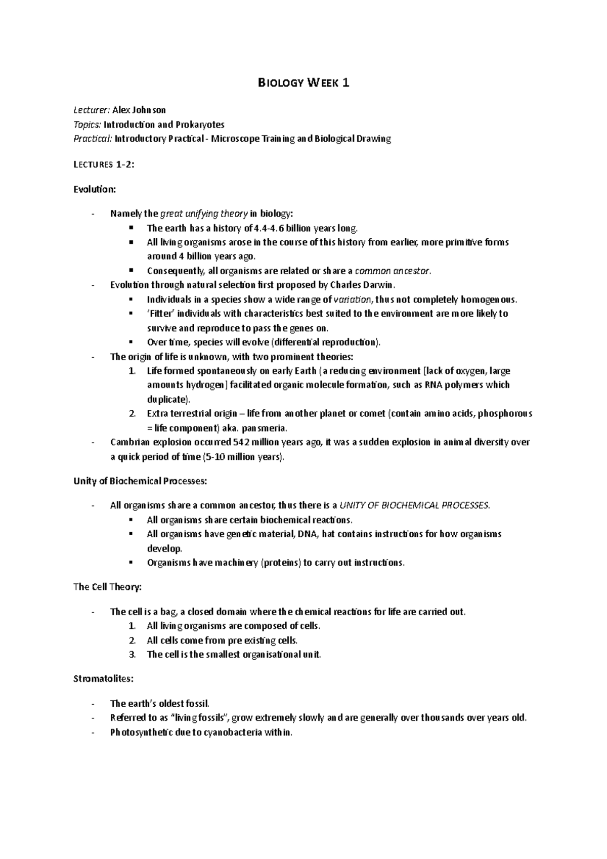 Biology-Week-1 - BIOLOGY WEEK 1 Lecturer: Alex Johnson Topics ...