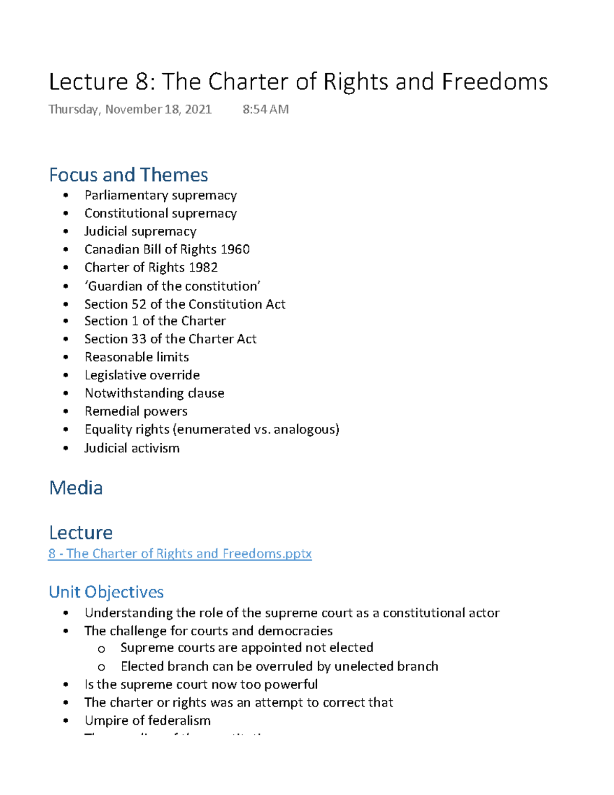 Lecture 8 The Charter of Rights and Freedoms - Focus and Themes ...
