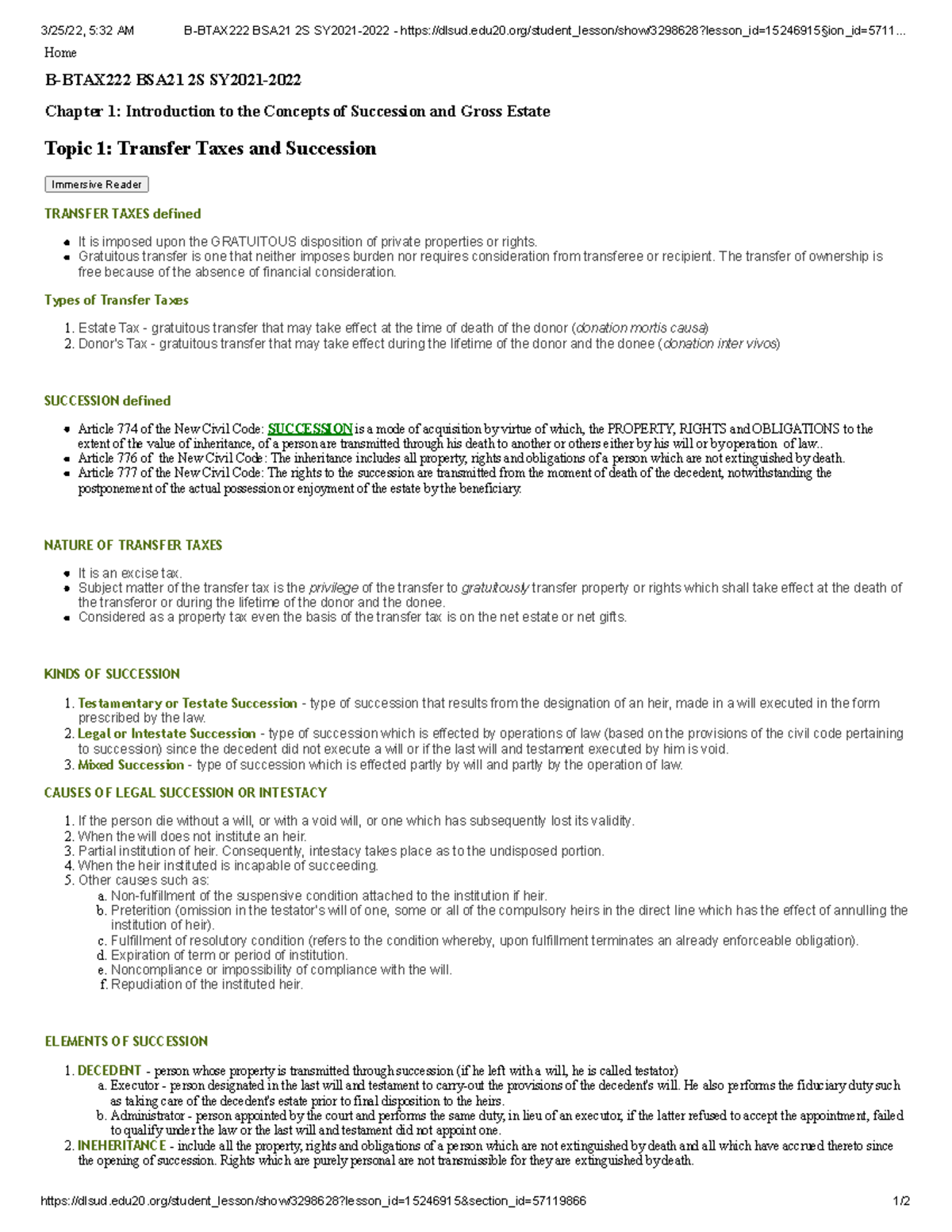 Topic 1 Transfer Taxes AND Succession - 3/25/22, 5:32 AM B-BTAX222 BSA21 2S SY2021-2022 - - Studocu