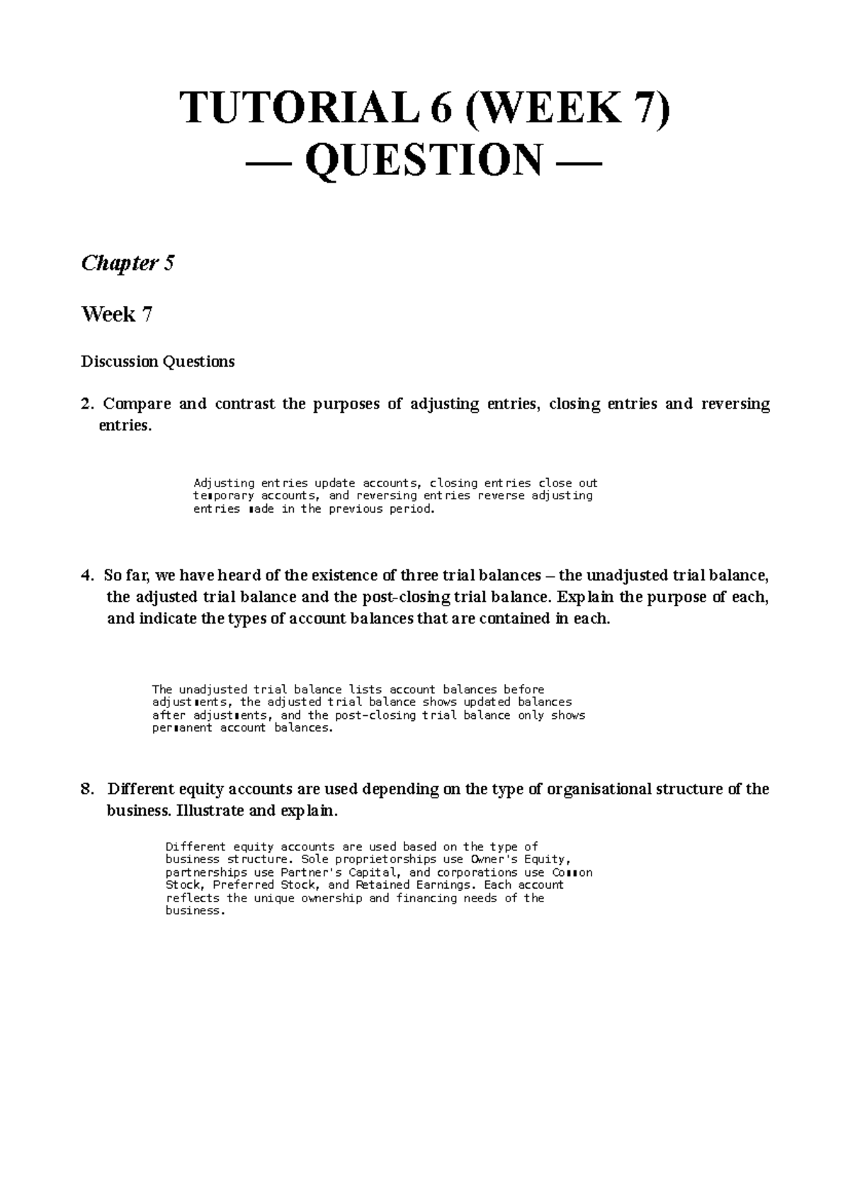 Tutorial 6 (Week 7) Question - TUTORIAL 6 (WEEK 7) — QUESTION — Chapter 5 Week 7 Discussion ...