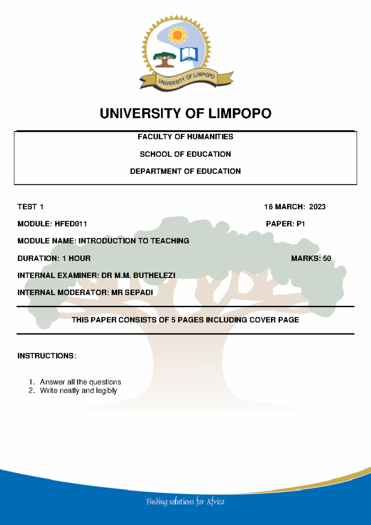 2023 HFED011 TEST 1 MEMO - UNIVERSITY OF LIMPOPO FACULTY OF HUMANITIES ...