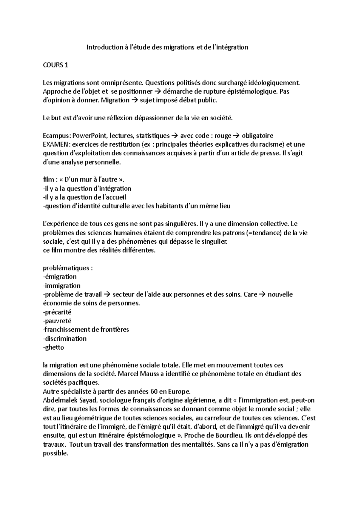 Cours migration - prise de notes - Introduction à l’étude des ...