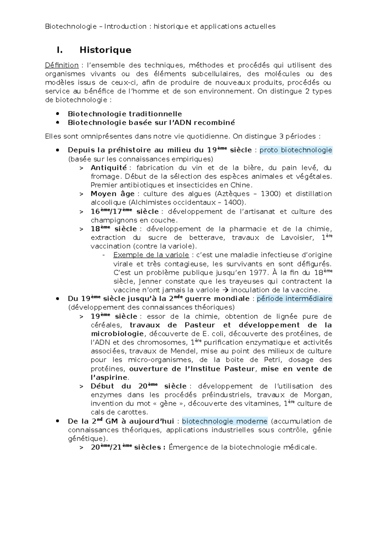 1. Introduction - I. Historique Définition : l’ensemble des techniques ...