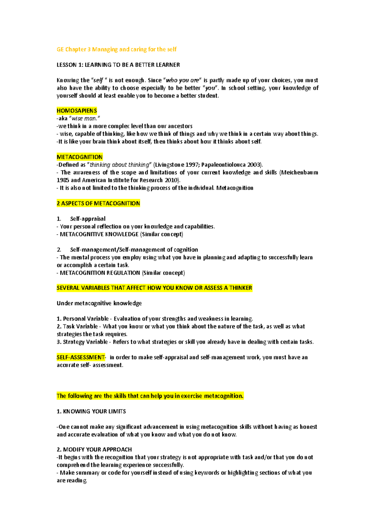 GE Chapter 3 Managing and caring for the self lesson - GE Chapter 3 ...