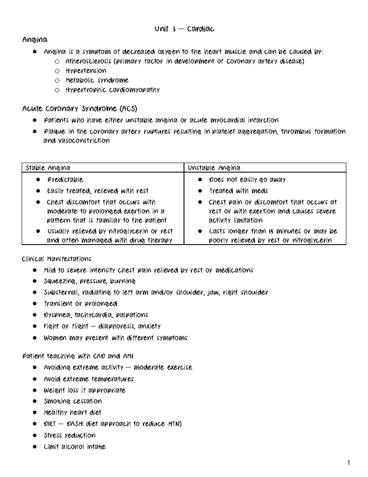 Exam 1 Study Guide - Cardiac - Unit 3 – Cardiac Angina Angina is a ...