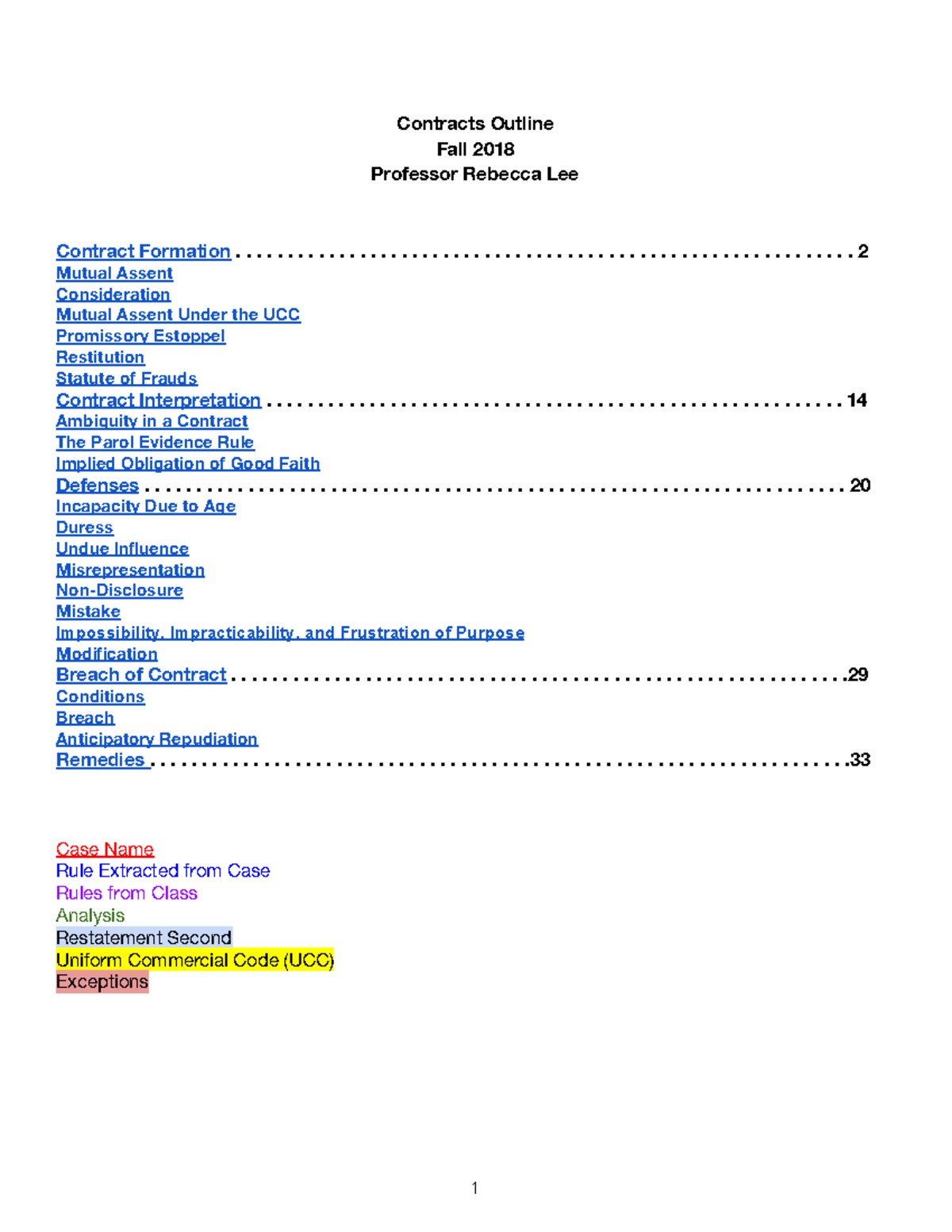 Contracts Lee - Contracts Outline Fall 2018 Professor Rebecca Lee ...
