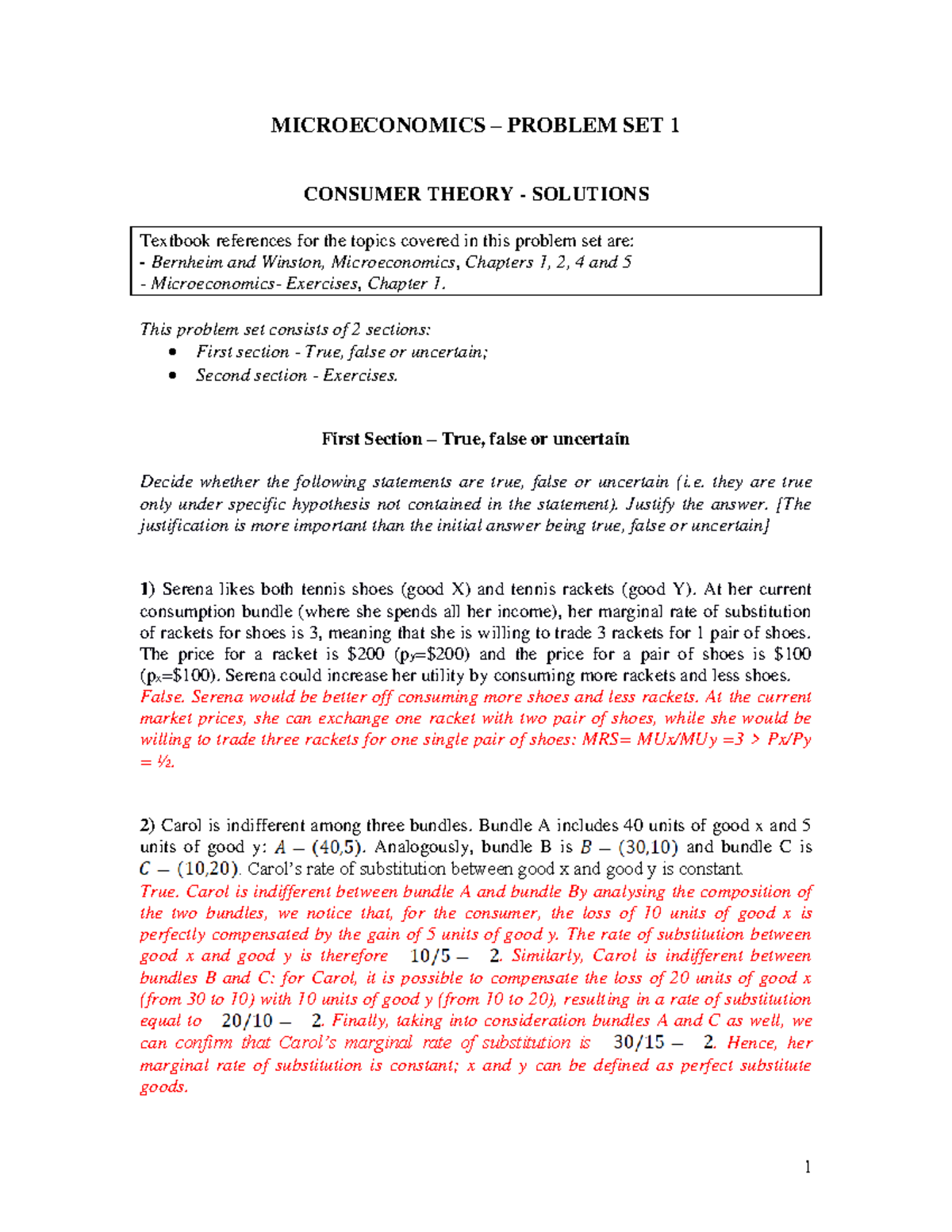 Microeconomics - Problem SET 1 solutions - MICROECONOMICS – PROBLEM SET 1 CONSUMER THEORY ...