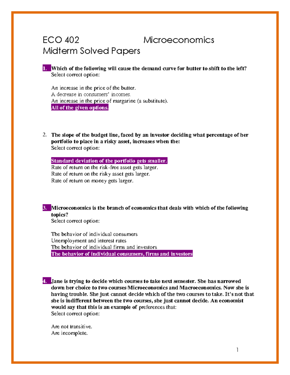 ECO402-Mid Term-Solved Papers Allin One File - ECO 402 Microeconomics Midterm Solved Papers ...