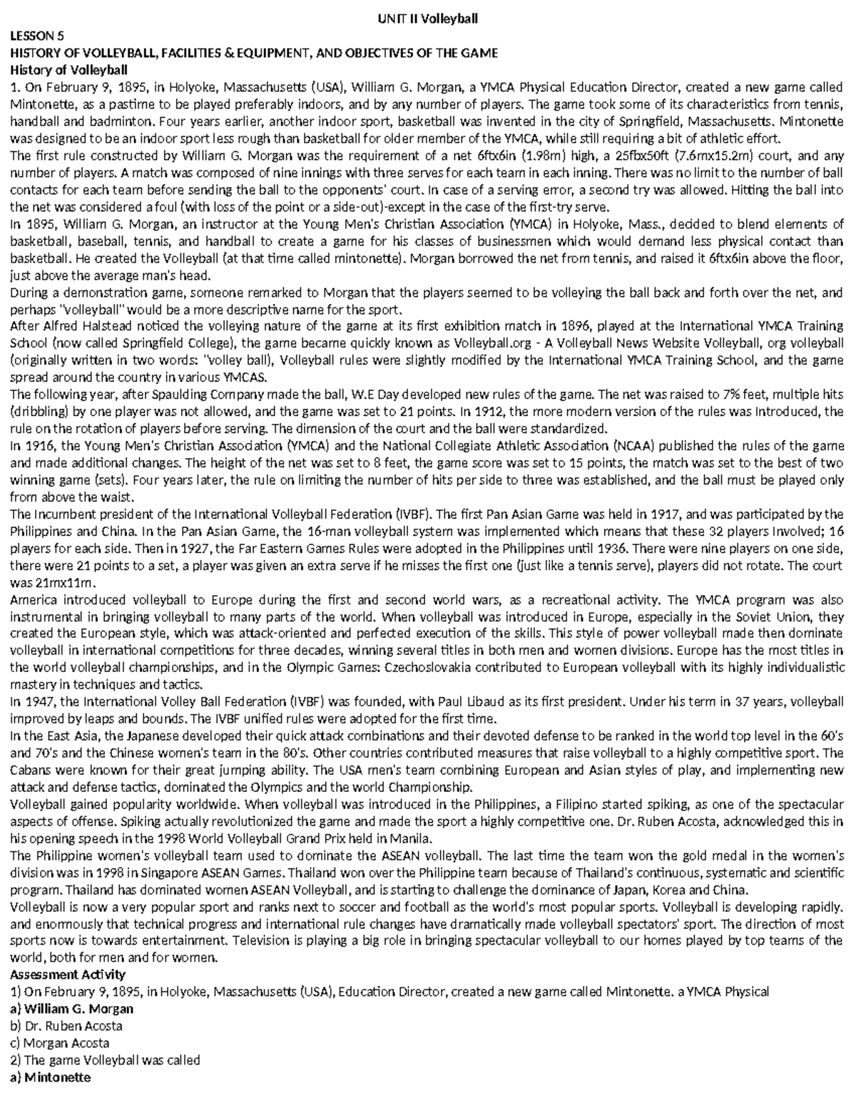 UNIT II Volleyball-1 - UNIT II Volleyball LESSON 5 HISTORY OF ...