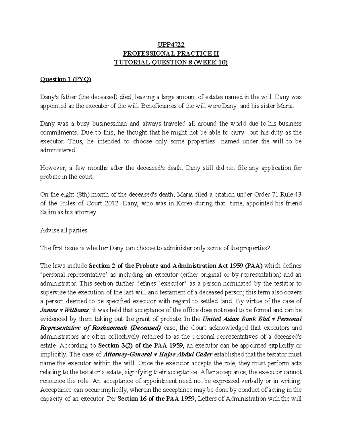 Tuto 8 Week 10 - Tuto 8 Week 10 - UPP PROFESSIONAL PRACTICE II TUTORIAL QUESTION 8 (WEEK 10 ...