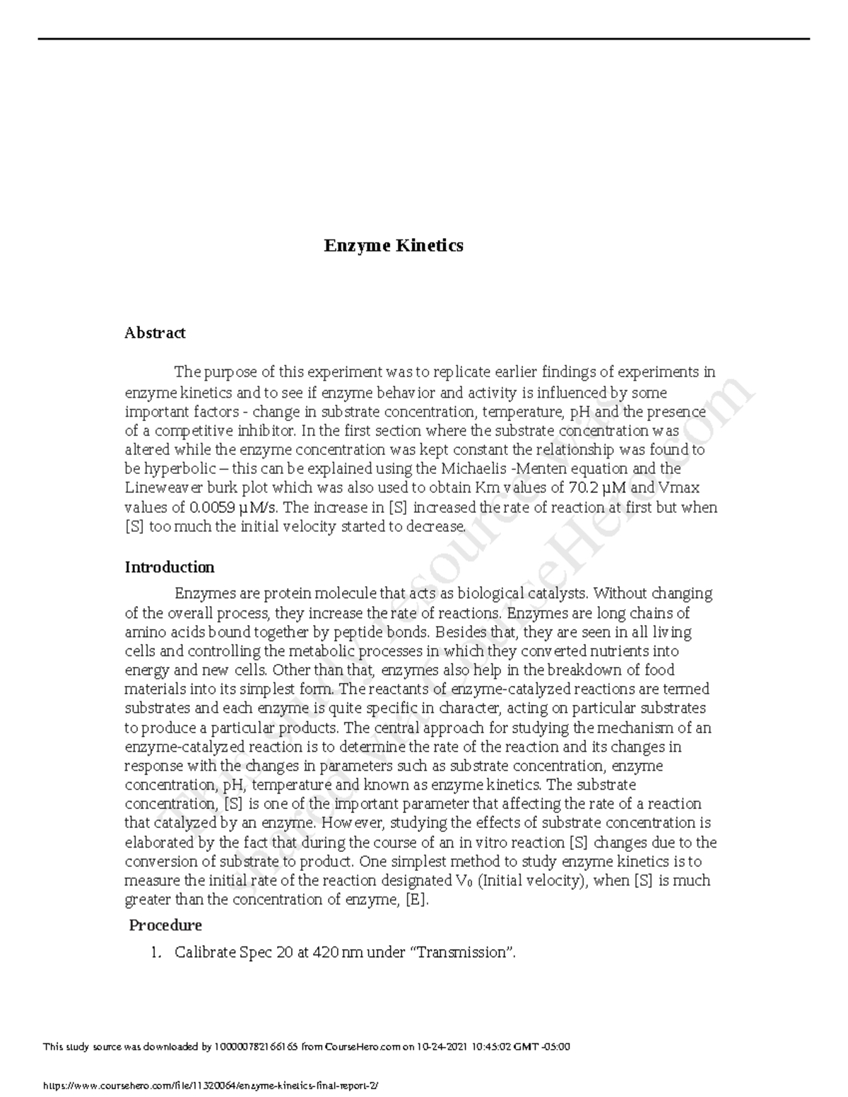 Enzyme kinetics final report 2 - CHEM 475 - Studocu