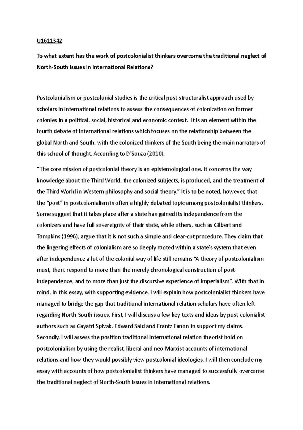 IR AND Postcolonialism - U1611342 To what extent has the work of ...