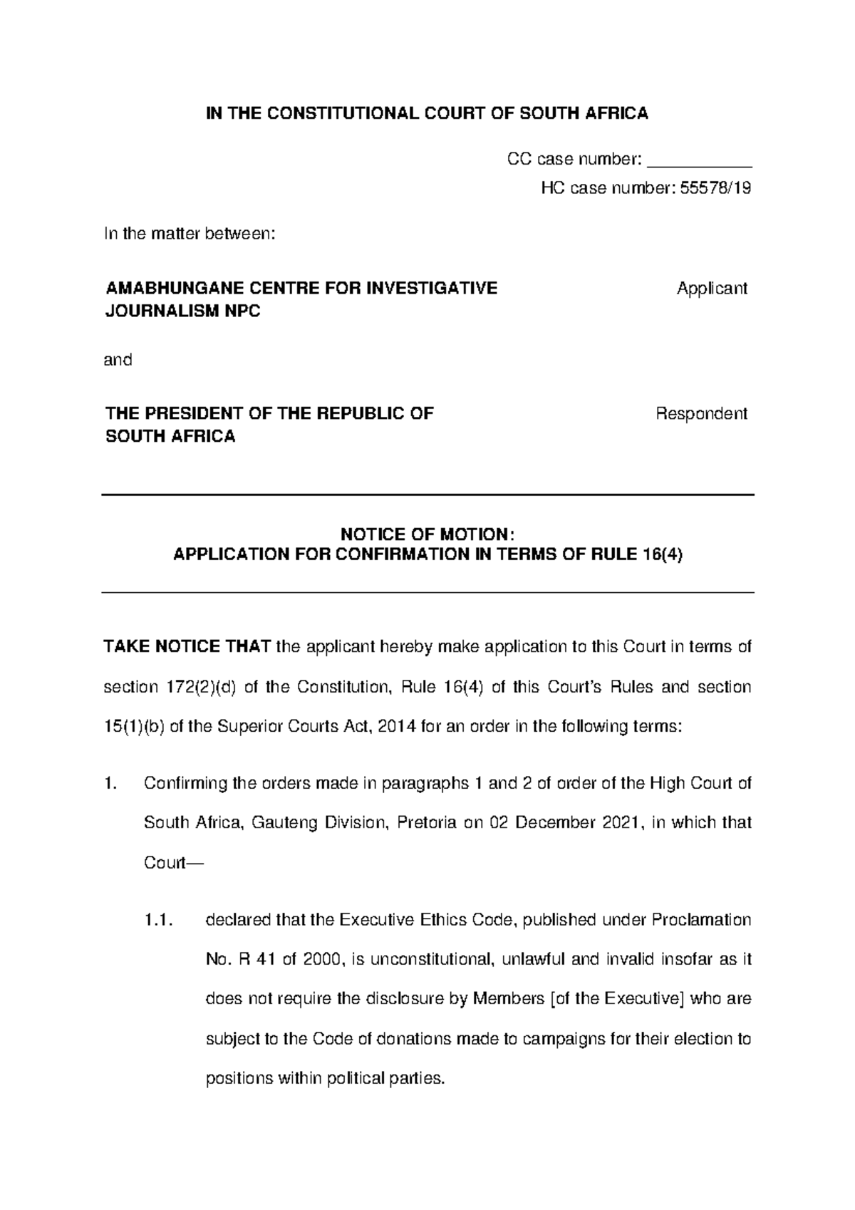 385Applicants Notice of Motion and Founding Affidavit - IN THE ...