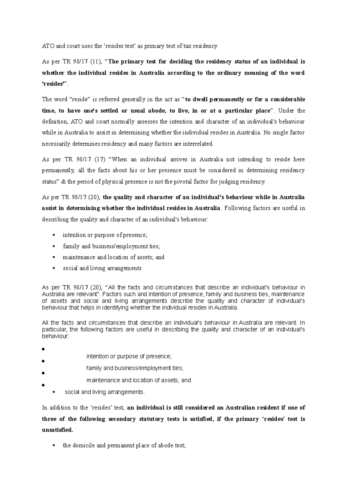 Residency Test - ATO and court uses the ‘resides test’ as primary test ...