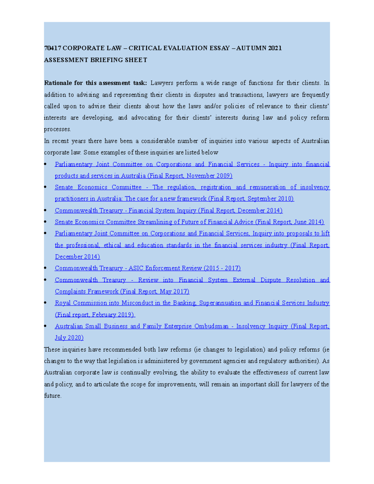 70417 Corporate Law - Critical evaluation essay questions and ...