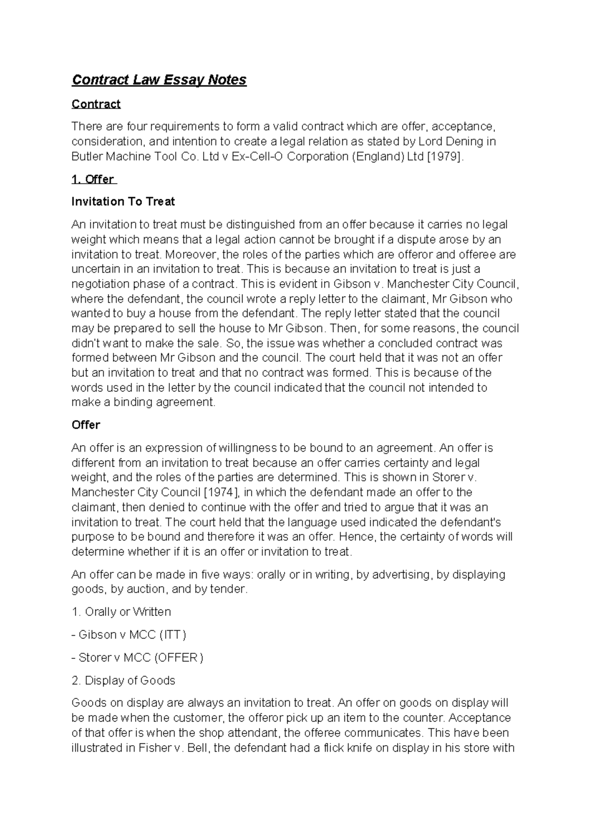 Contract Law Essay Notes - Contract Law Essay Notes Contract There are ...