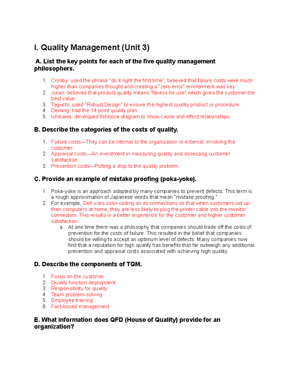 C720 Topic Questions - I. Quality Management (Unit 3) A. List the key ...