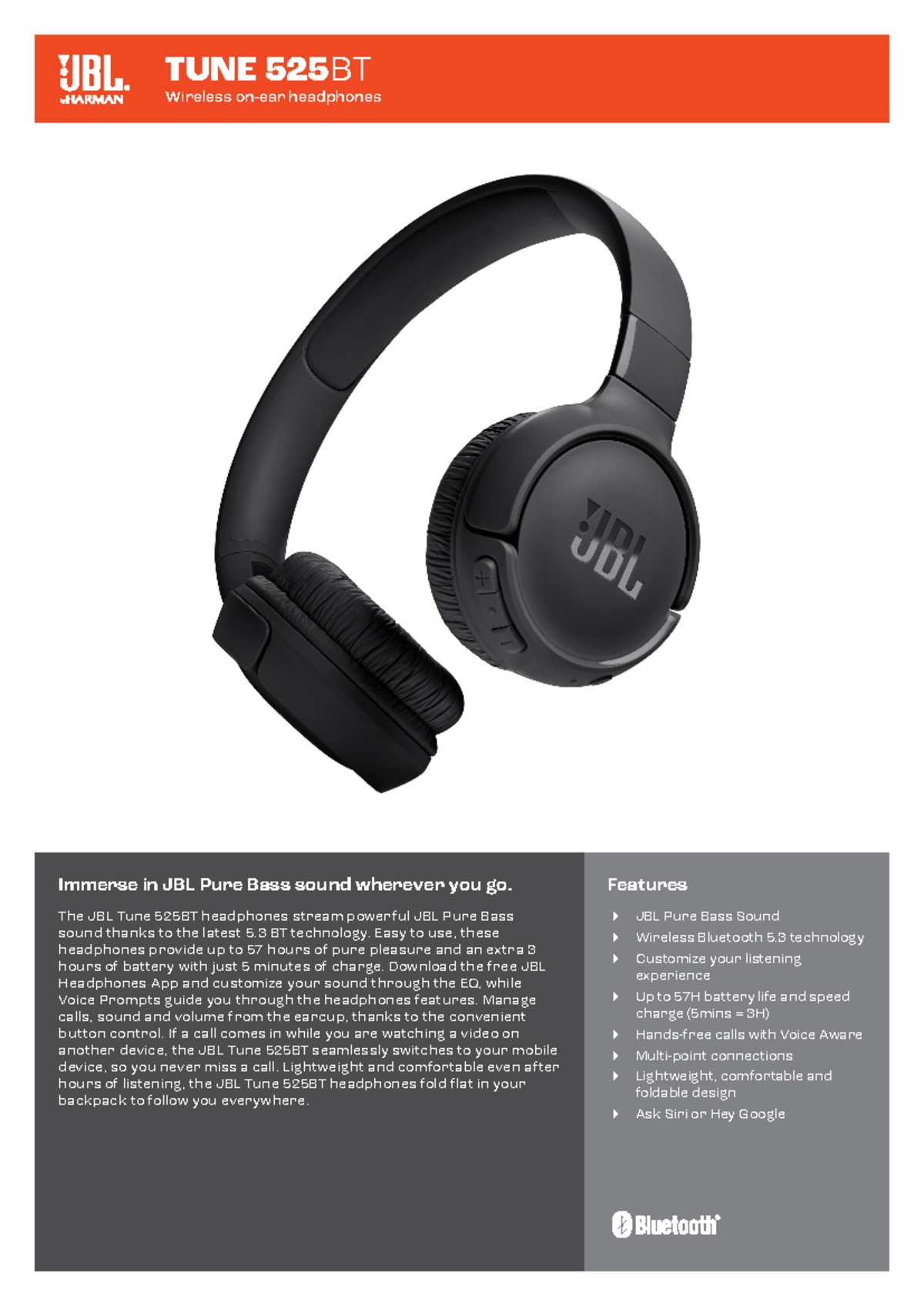 JBL Tune 525BT Specsheet EN - Features JBL Pure Bass Sound Wireless ...