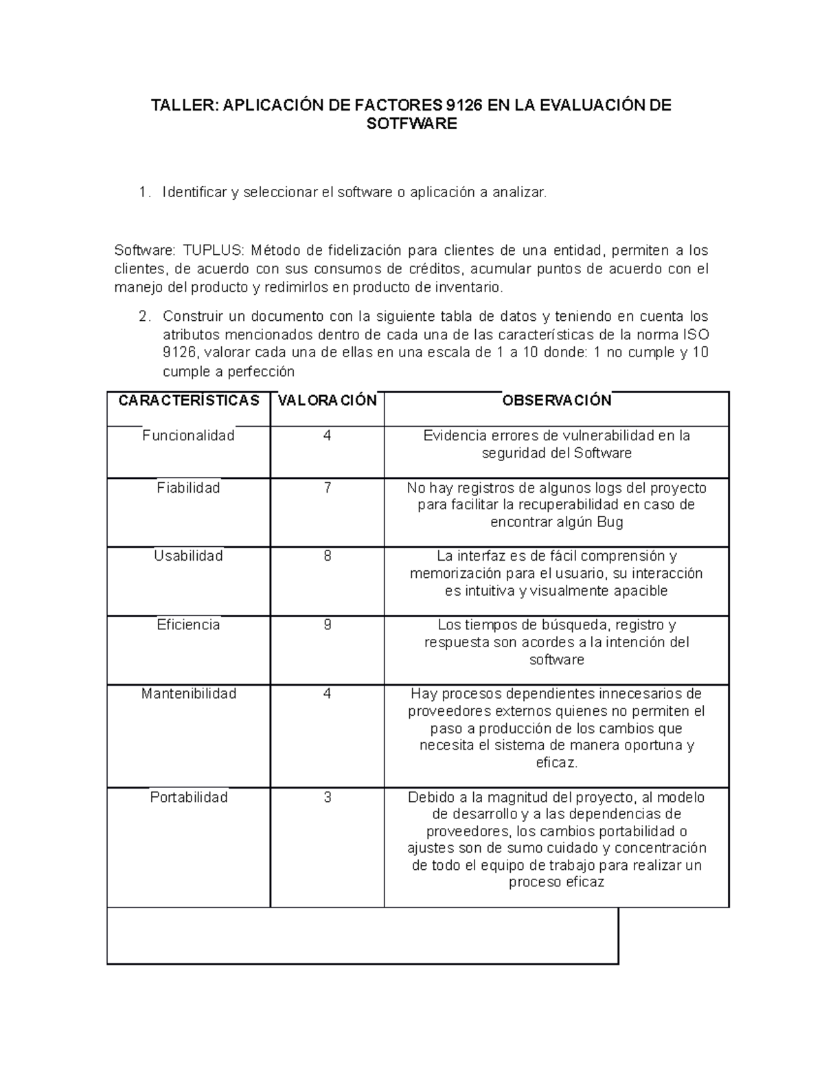 Aplicación de factores 9126 en la evaluación de software - TALLER ...