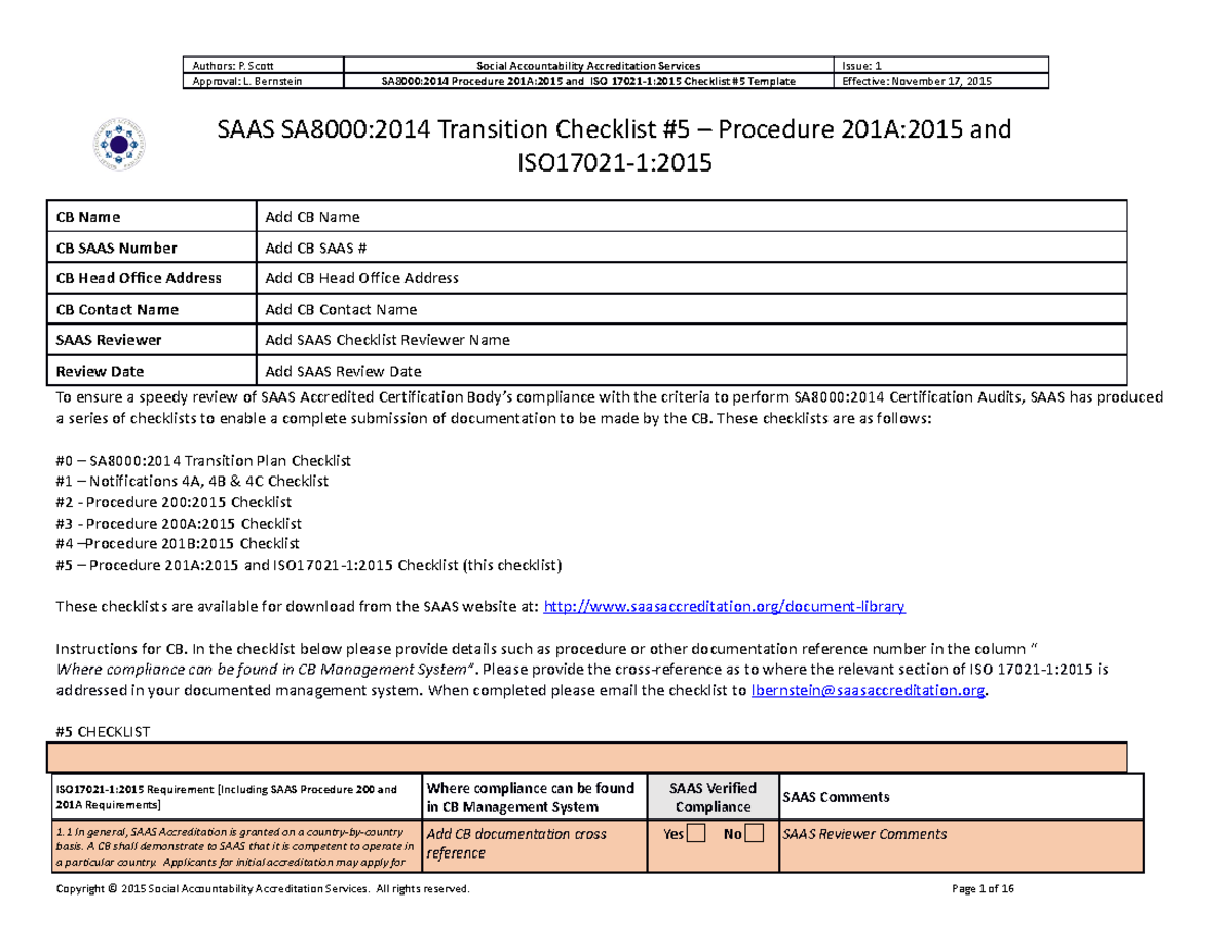 SA8000.2014 Procedure 201A and ISO17021-1.2015 Checklist 5 - Approval ...
