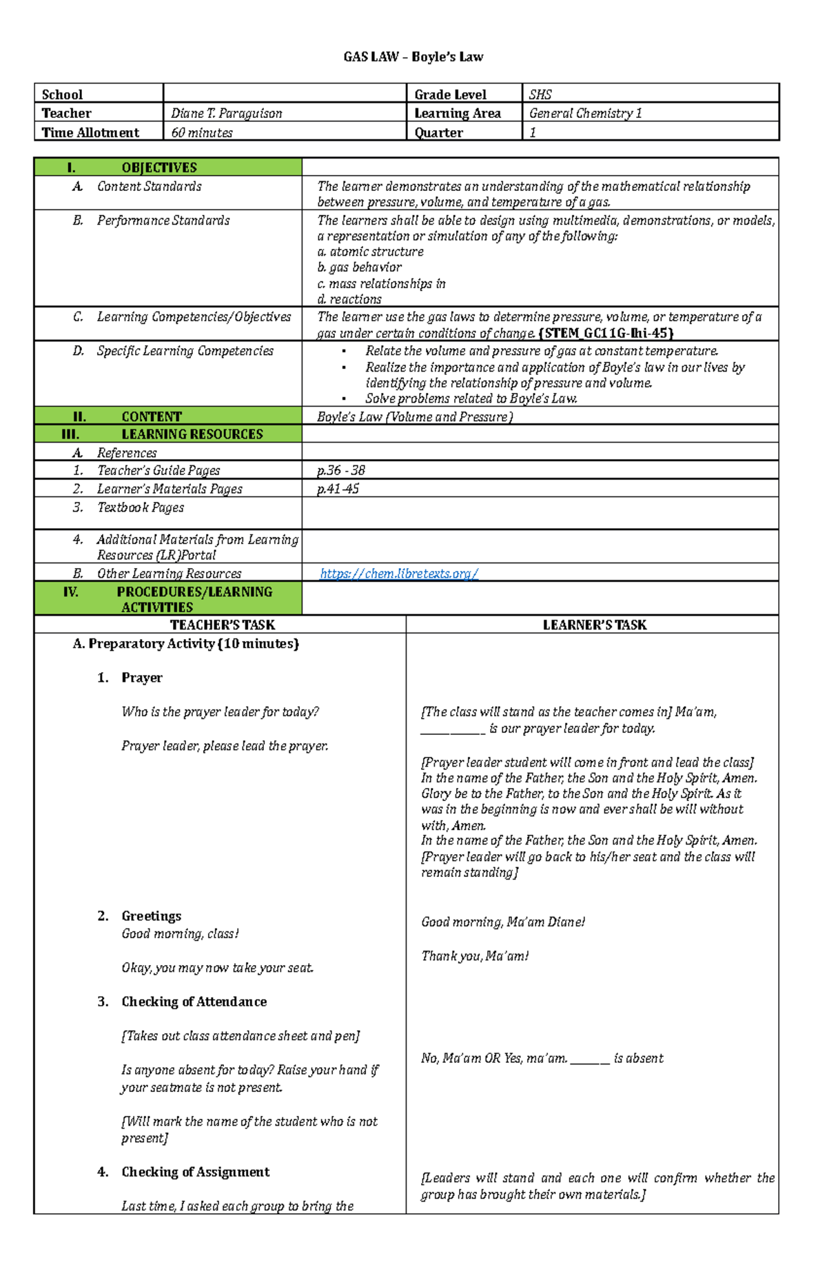 SHS DEMO - A sample detailed lesson plan in gas law - GAS LAW – Boyle’s ...