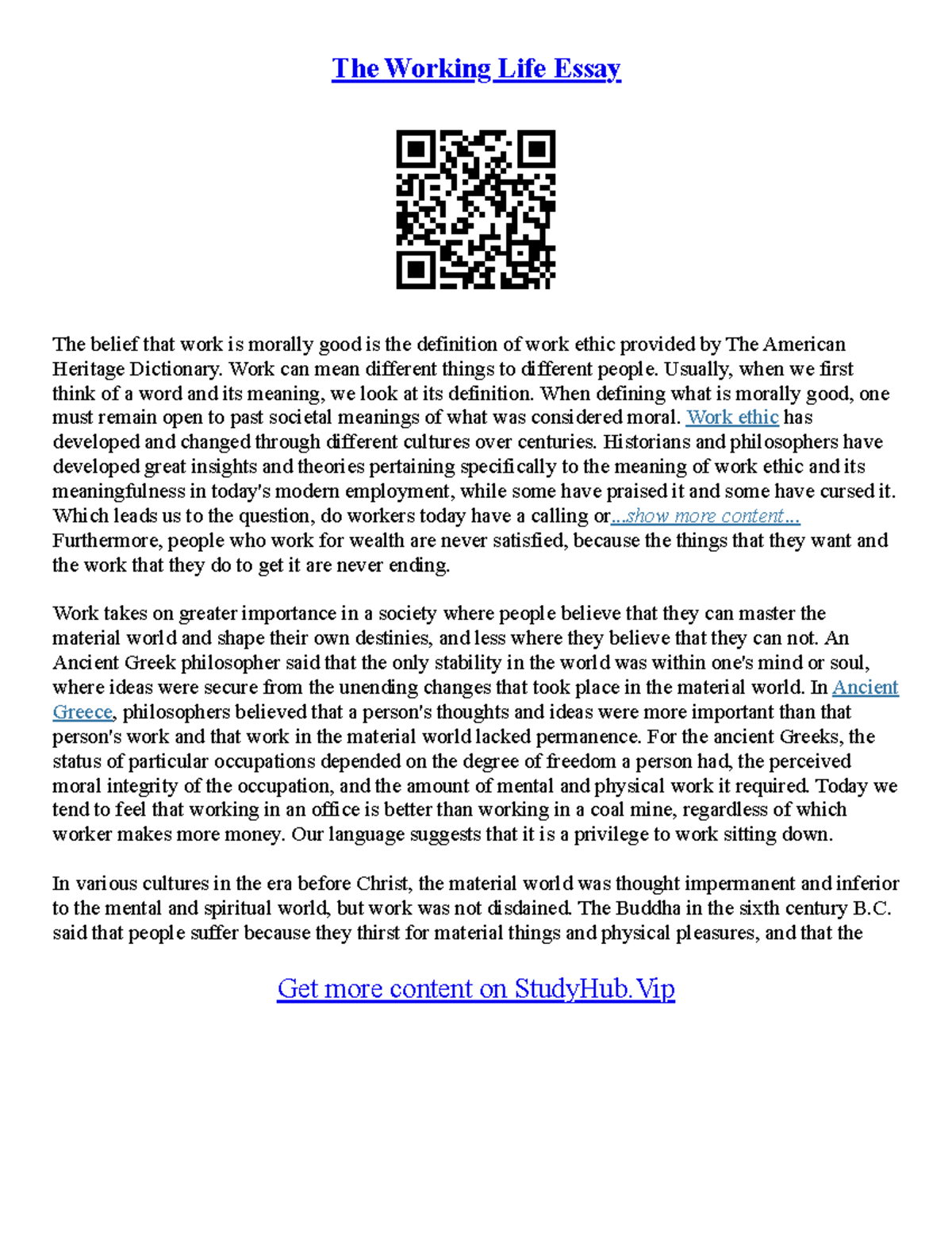 Essay Works Essay Works - The Working Life Essay The belief that work ...