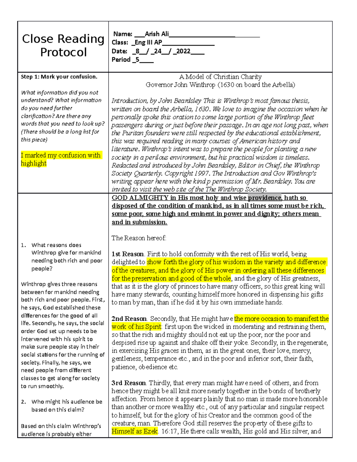 Close Reading Protocol - A Model of Christian Charity - Close Reading ...