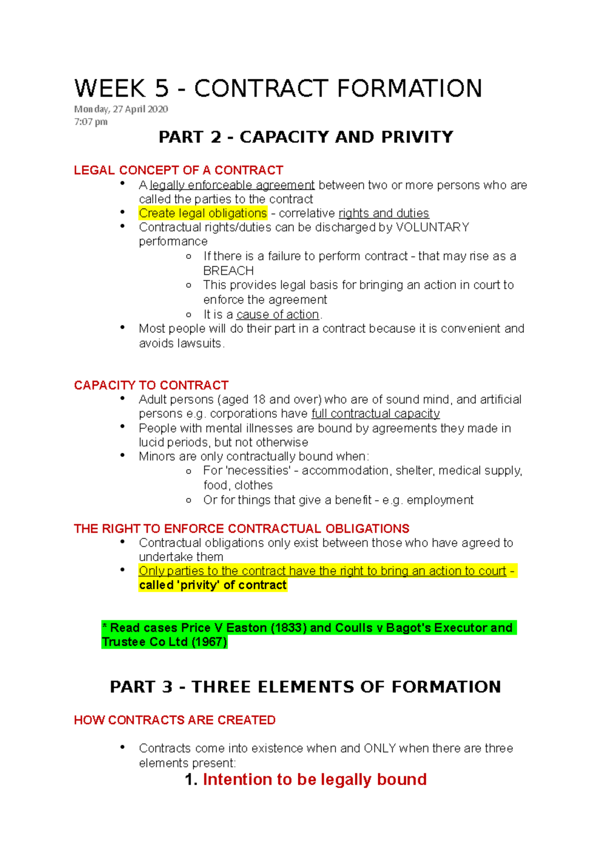 PBL Week 5 Notes - WEEK 5 - CONTRACT FORMATION Monday, 27 April 2020 7: ...