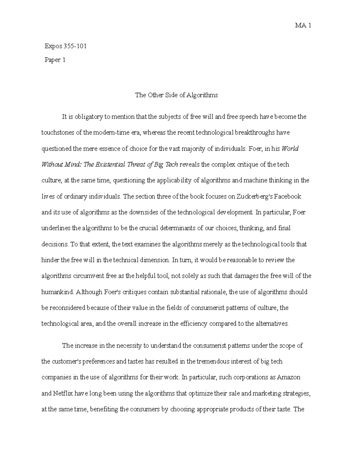 Paper 1 - Grade: c+ - MA 1 Expos Paper 1 The Other Side of Algorithms ...