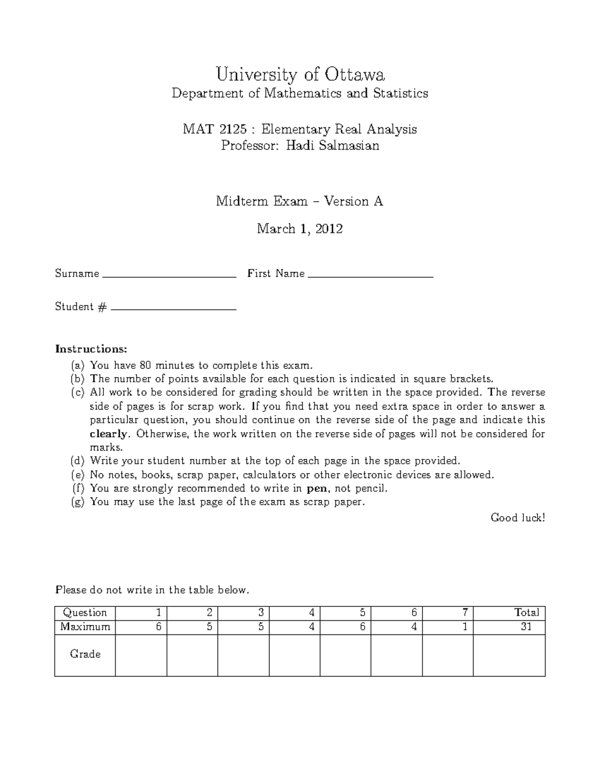 Midterm 2012, answers - University of Ottawa Department of Mathematics ...
